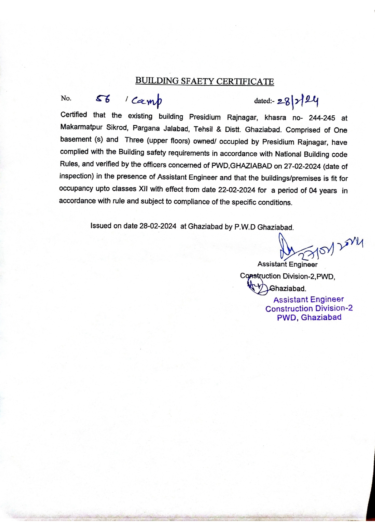 Building Safety Certificate Presidium School Raj Nagar